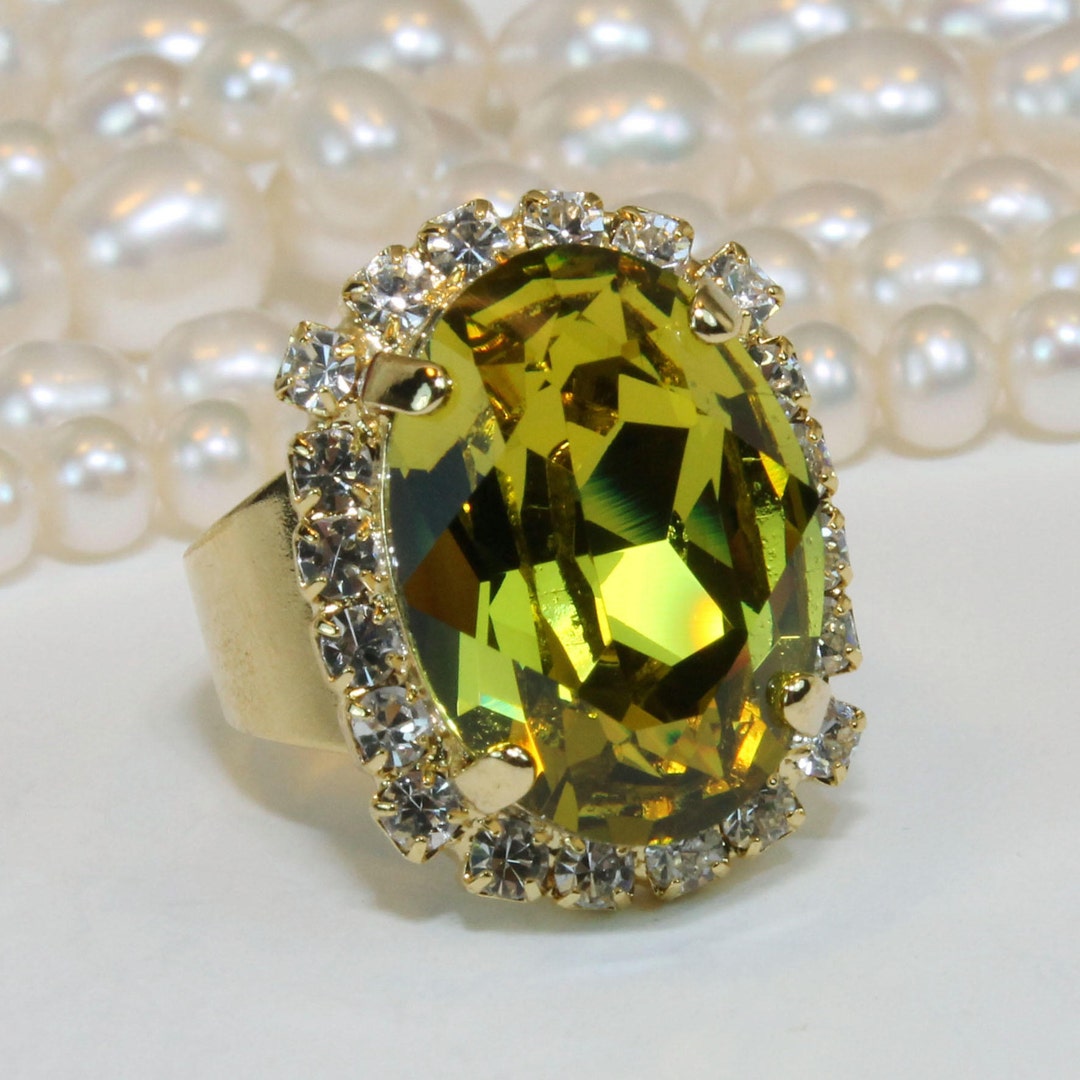 Lime Green Ring, Crystal Engagement Ring, Halo Cocktail Ring, Oval ...