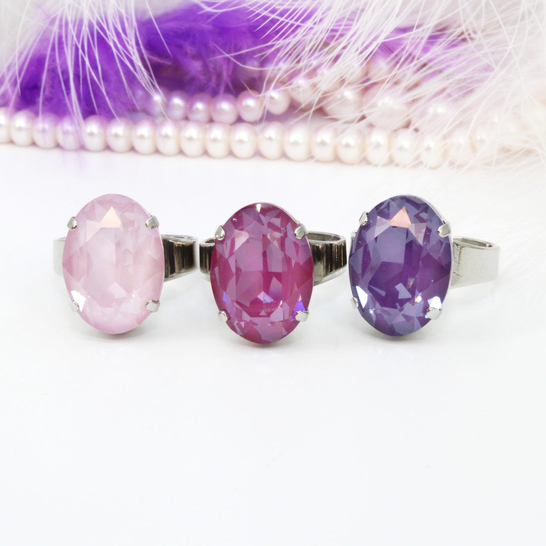 Purple Crystal Ring, Orchid Pink Oval Cocktail Ring, Violet Adjustable ...