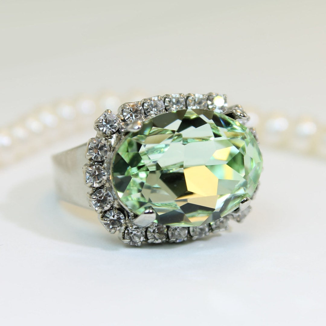 Mint Green Crystal Ring Mint Cocktail Ring With Clear Crystals Mint ...