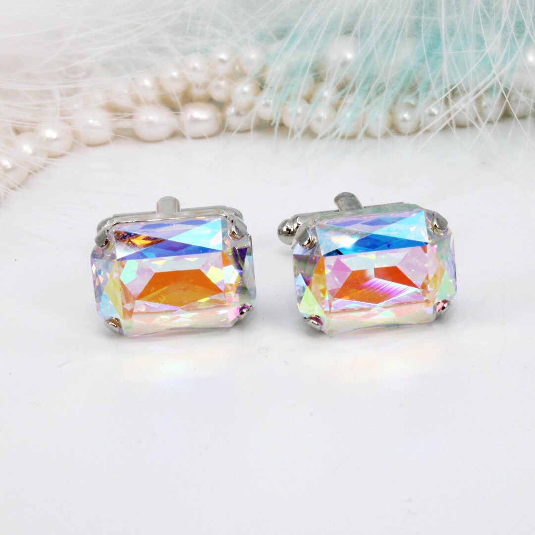 Aurora Borealis Crystal Cufflinks for Groom, Iridescent Rainbow AB Rectangle Cuff Links, Gay ...