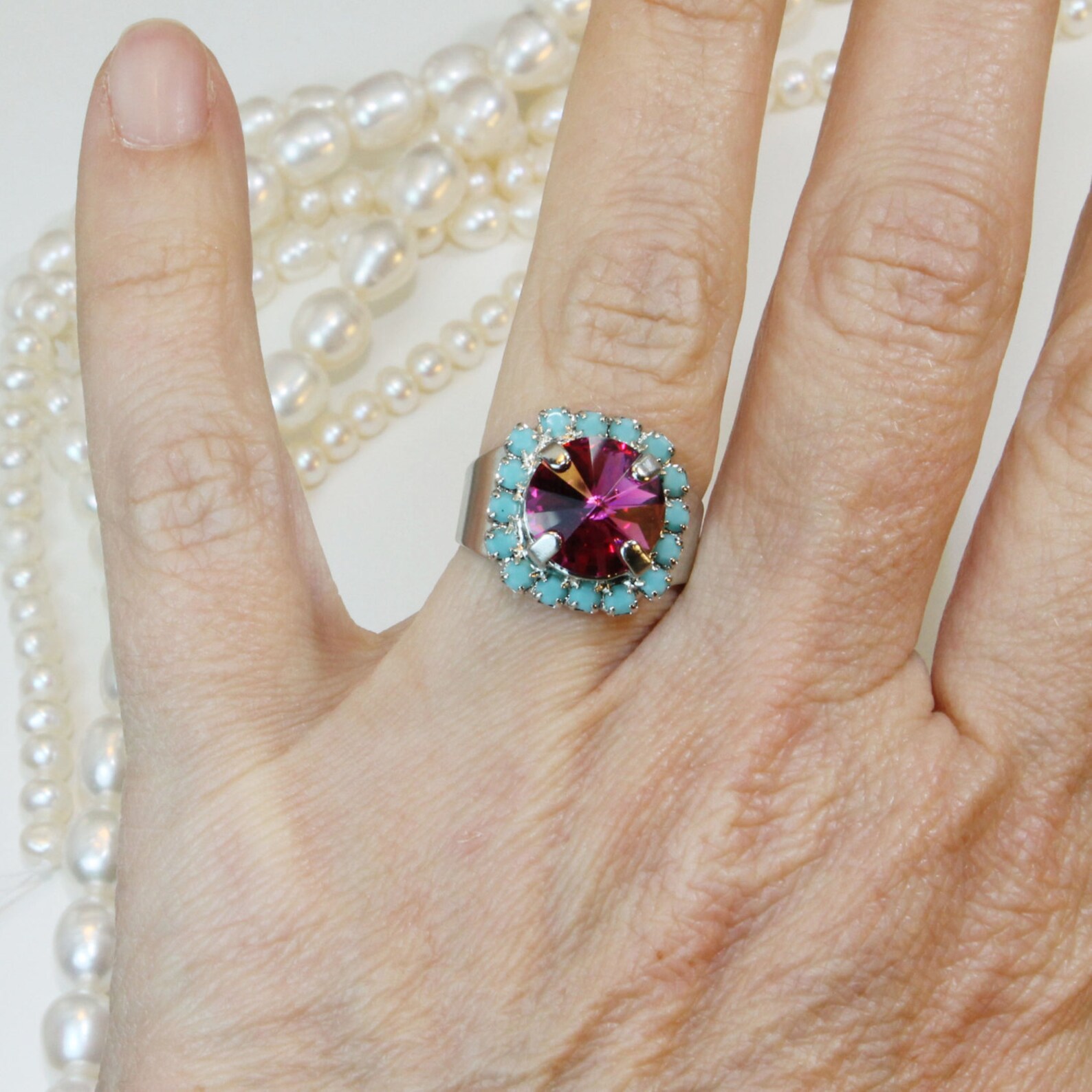 Fuchsia Turquoise Ring Aqua Pink Adjustable Ring Bridesmaids 10mm Ring ...