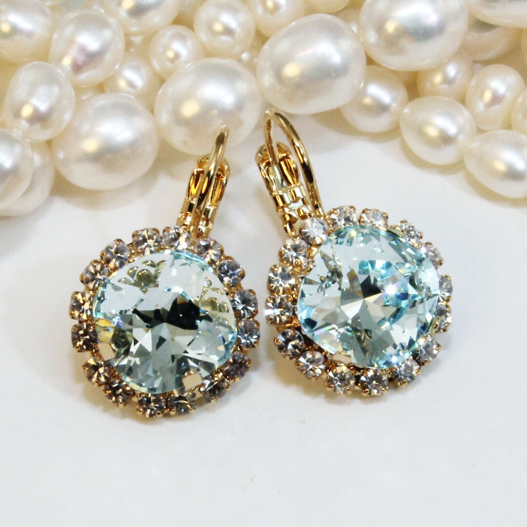 Ice Blue Crystal Drop Earrings, Light Blue Dangle, Halo Duck Egg Square ...