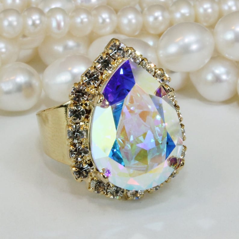 Coral Crystal Ring Watermelon Bridal European Crystal Teardrop - Etsy ...