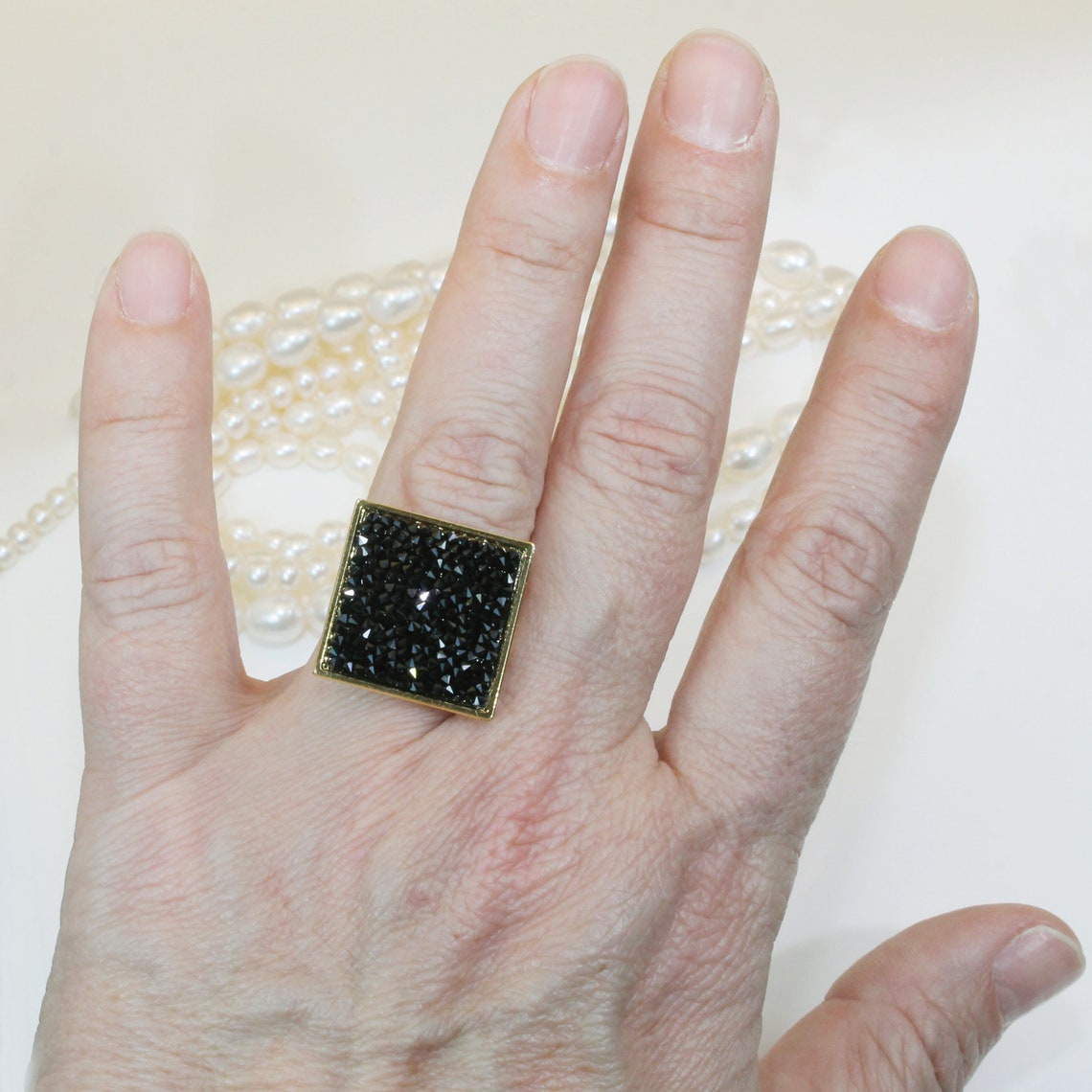 Black Ring Black Cocktail Square Oversize European Crystal - Etsy