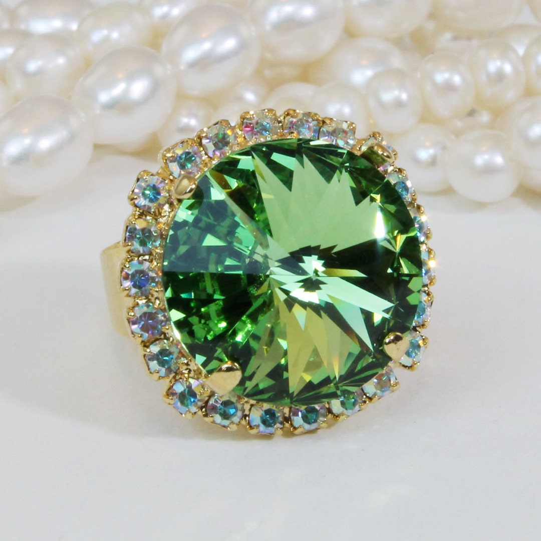 Green Cocktail Ring, Peridot Stone Ring, Wedding Guest Jewelry, August ...