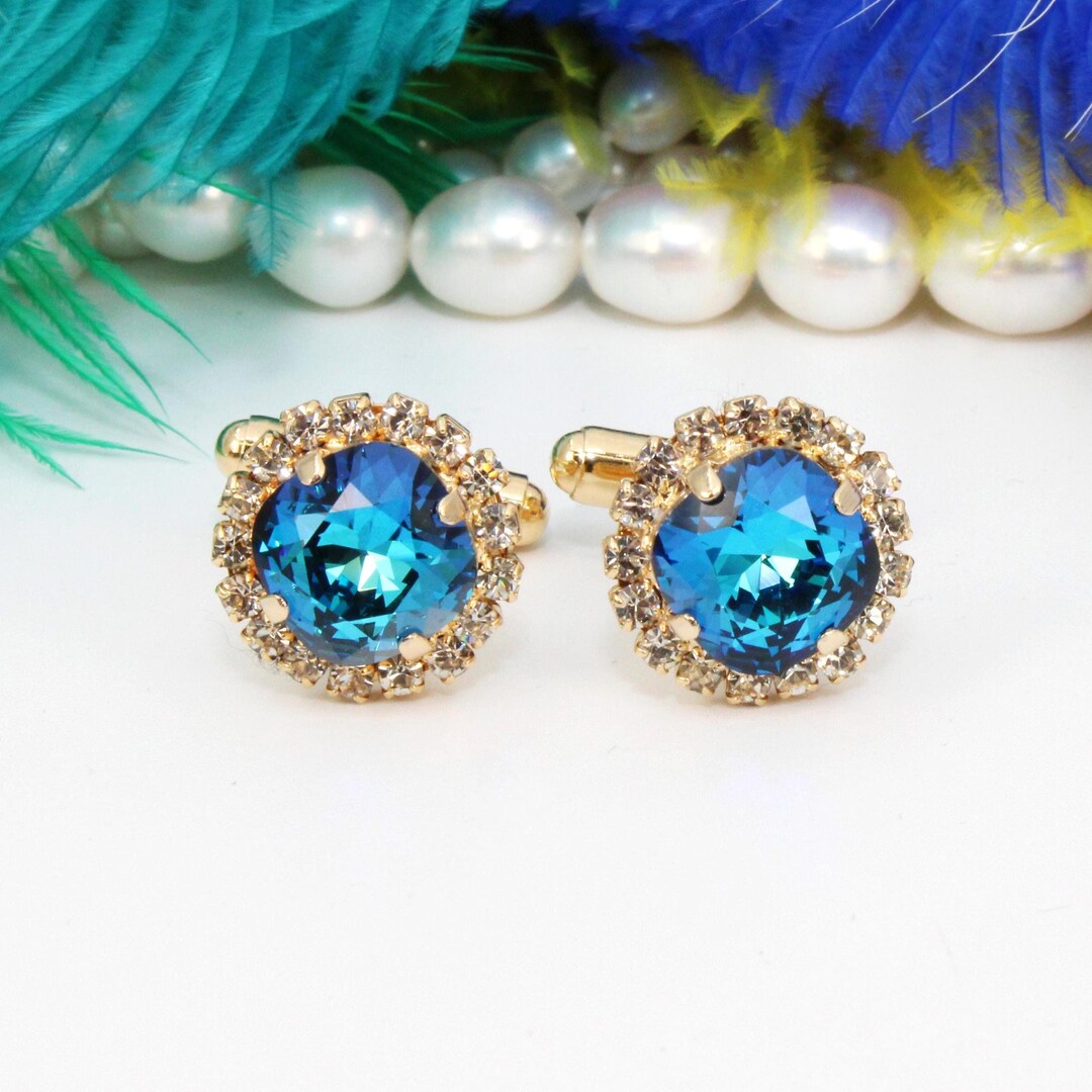 Blue Crystal Cufflinks, Blue Sapphire Stone, Groom Cufflinks, Best Man ...