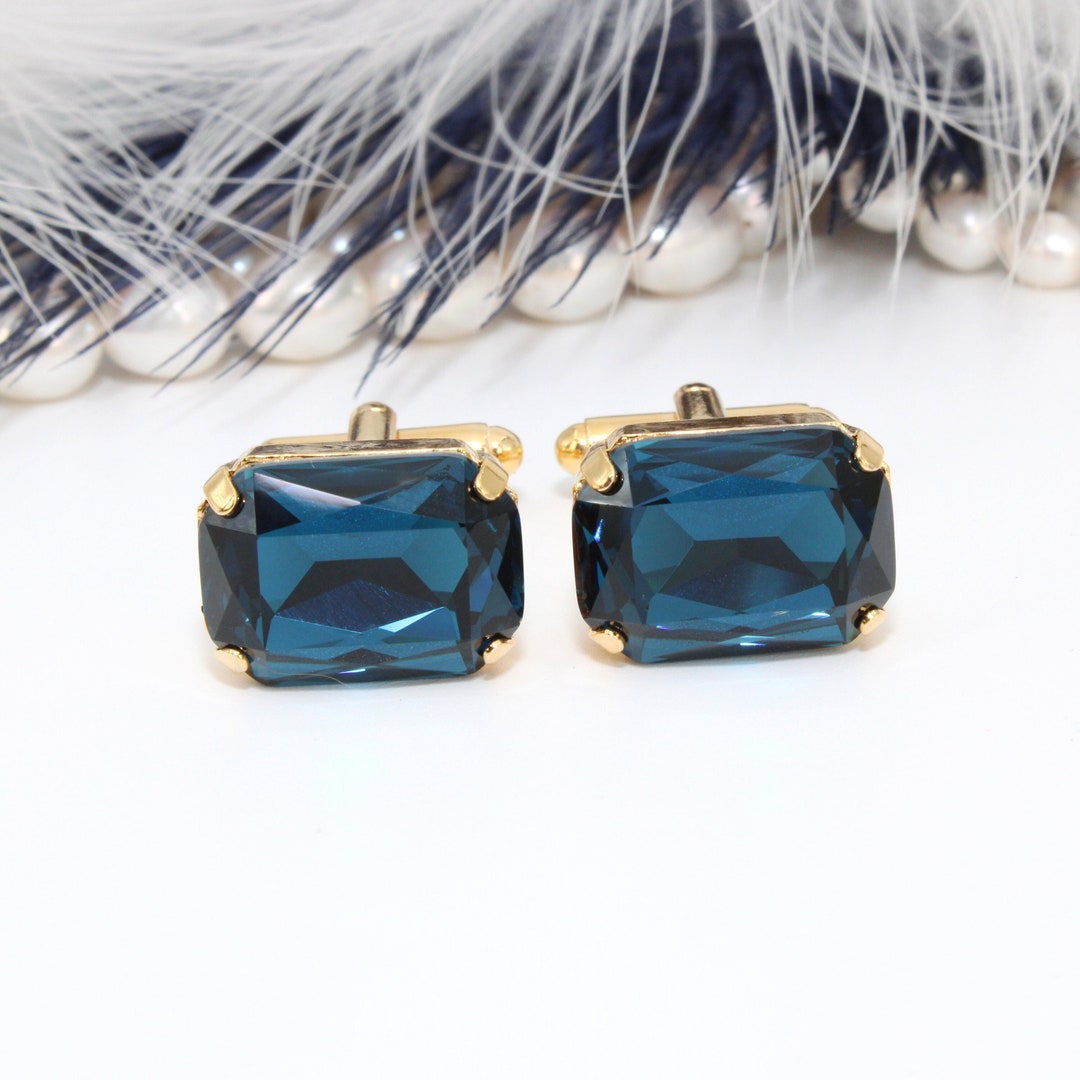 Navy Blue Cufflinks, Groom Cufflinks, Men's Rectangle Crystal Cufflinks ...