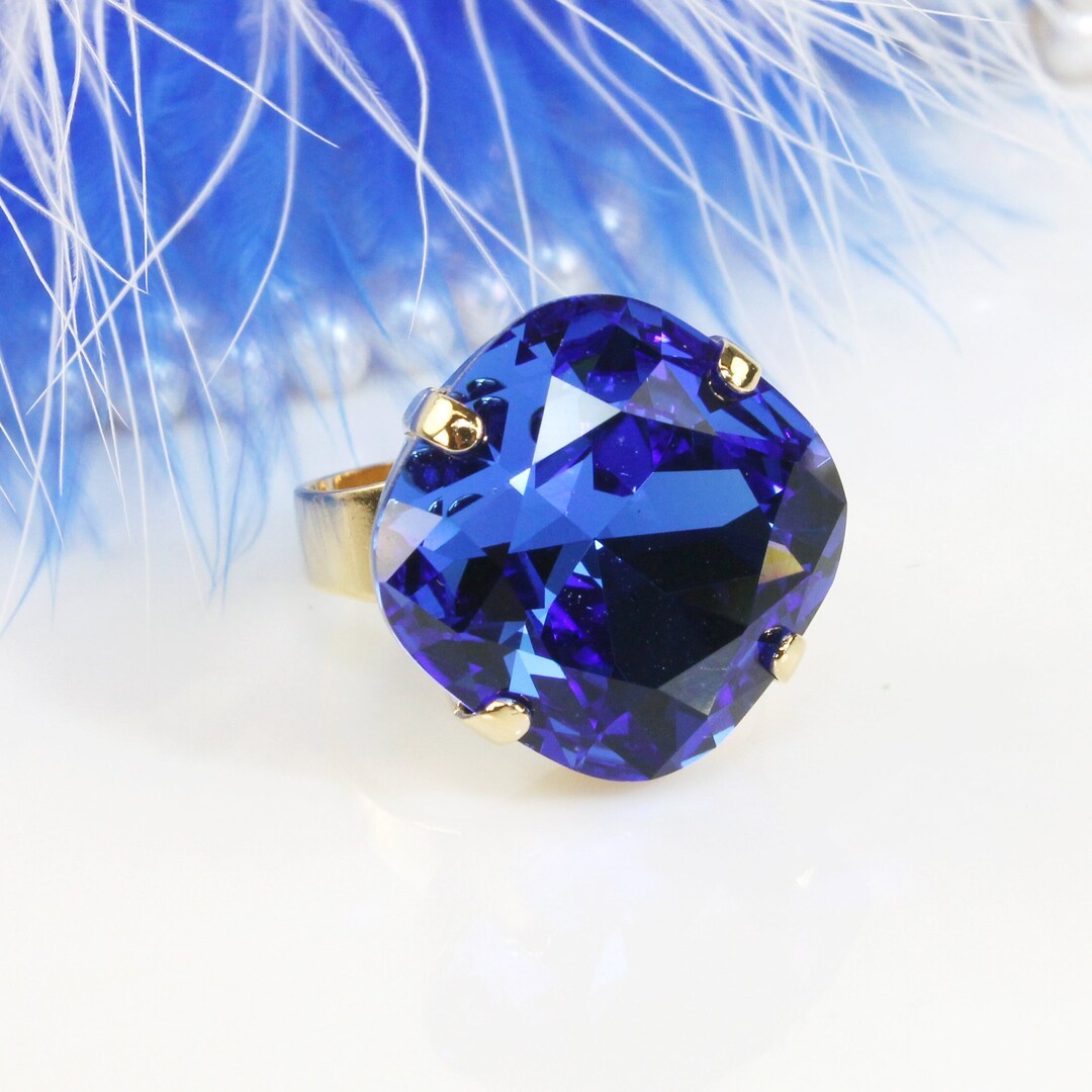 Sapphire Blue Ring Royal Blue Cocktail Crystal Square 18mm Cushion Cut ...