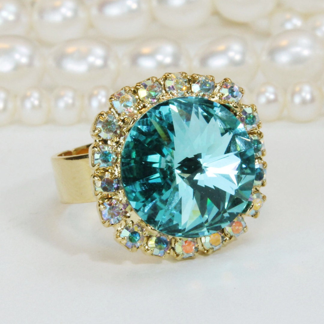 Aqua Blue Cocktail Ring Light Turquoise European Crystal Ring Aqua Blue ...