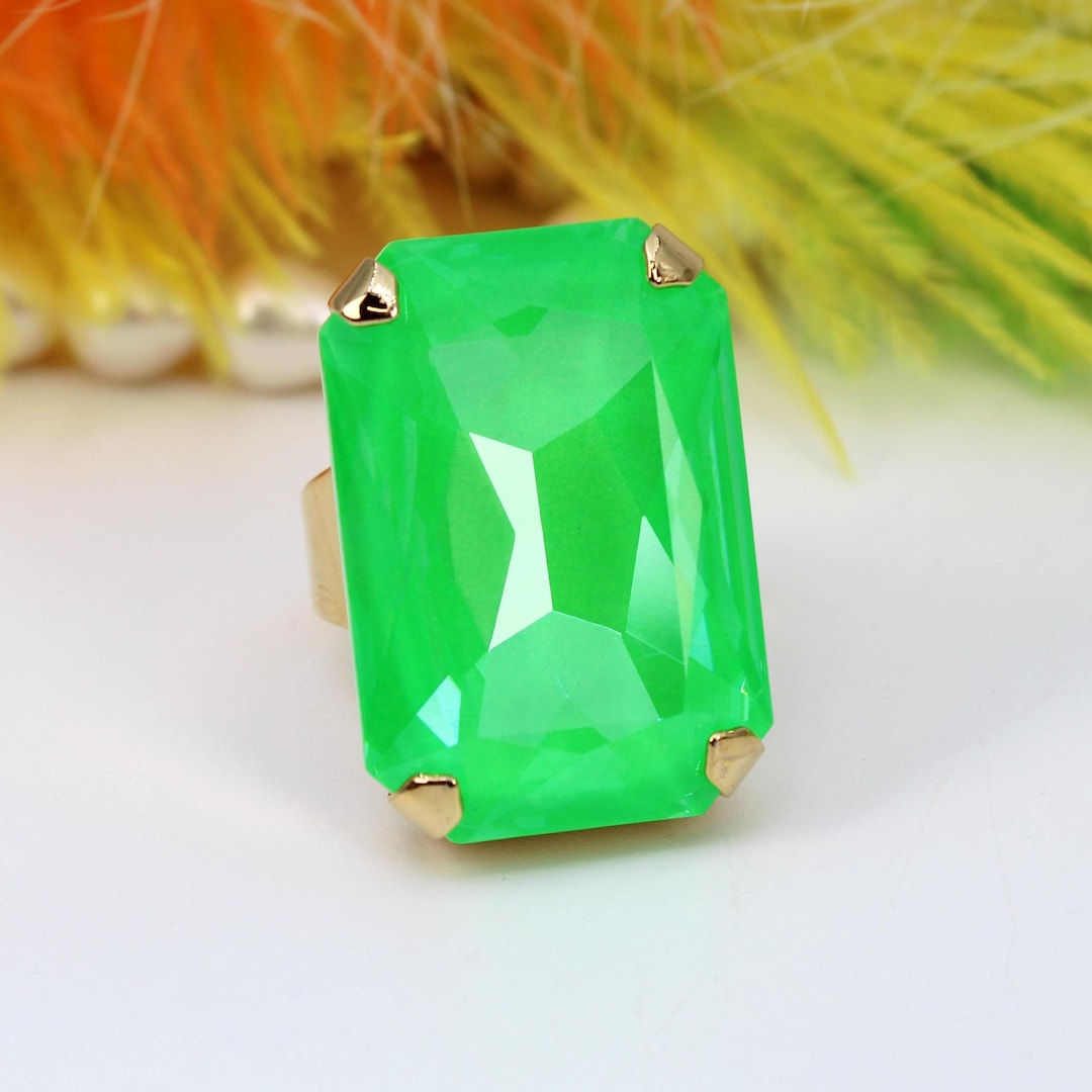 Neon Green Ring, Electric Green, Adjustable Cocktail Ring, Big Stone ...
