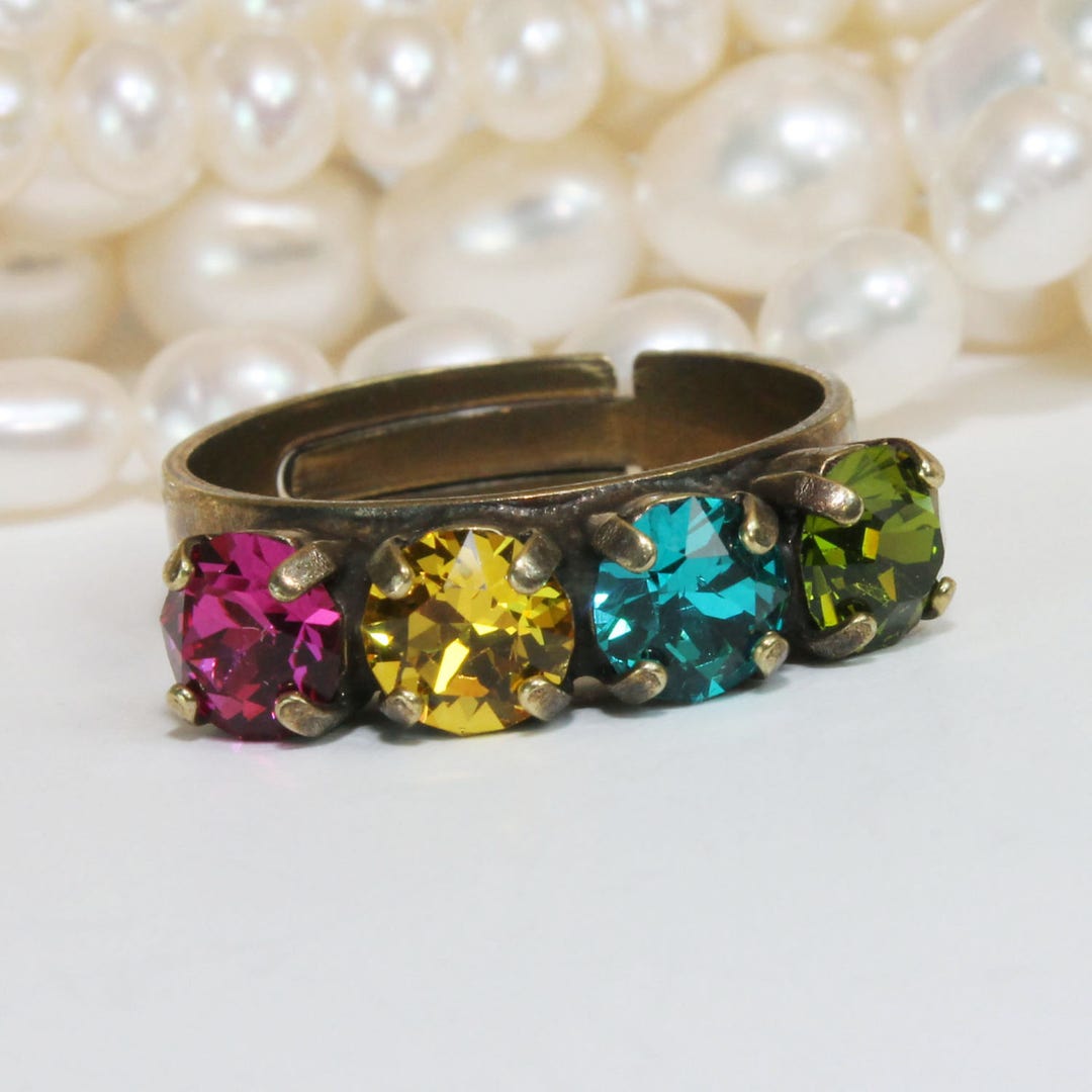 Multicolor Ring Rainbow Adjustable Colorful Rhinestones Crystal Ring ...