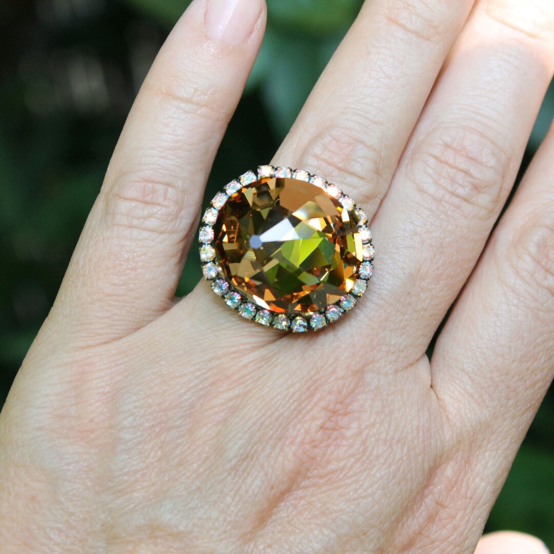 Brown Cocktail Ring Oversize Champagne Crystal Ring Adjustable Halo ...