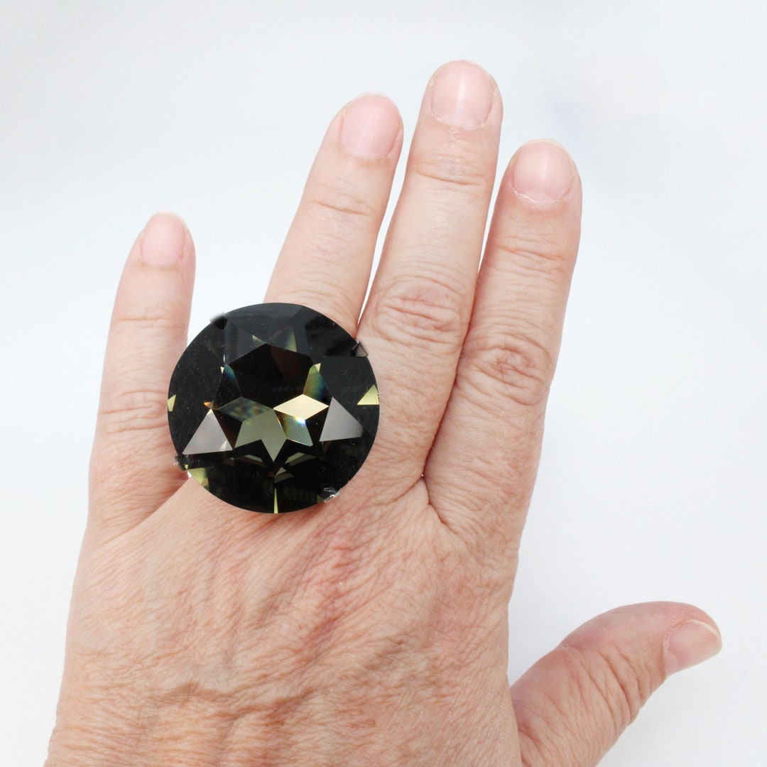 Black Diamond Crystal Ring, Large Grey Statement Ring, Adjustable Big ...