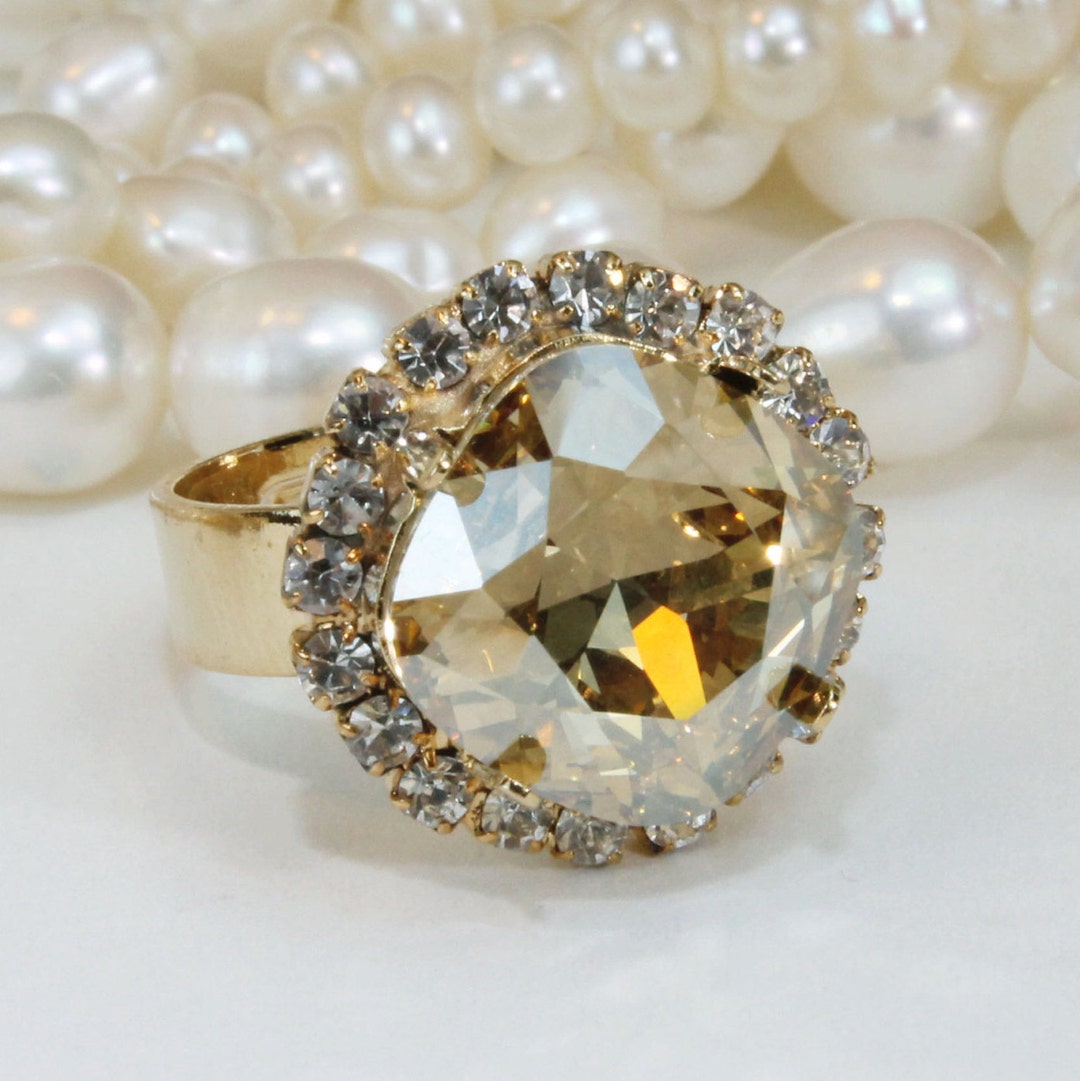 Champagne Brown Crystal Ring Bridal European Cocktail Adjustable Ring ...