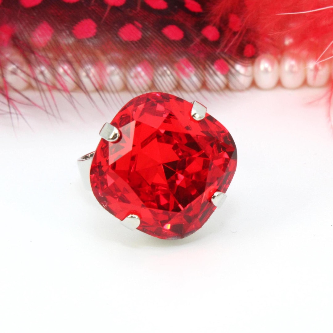 Red Cocktail Ring, Cherry Red Square Crystal Ring, Adjustable Ring ...