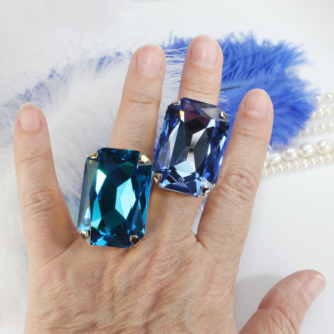 Aqua Blue Rectangle Ring, Plus Size Jewelry, Oversize Cocktail Ring ...