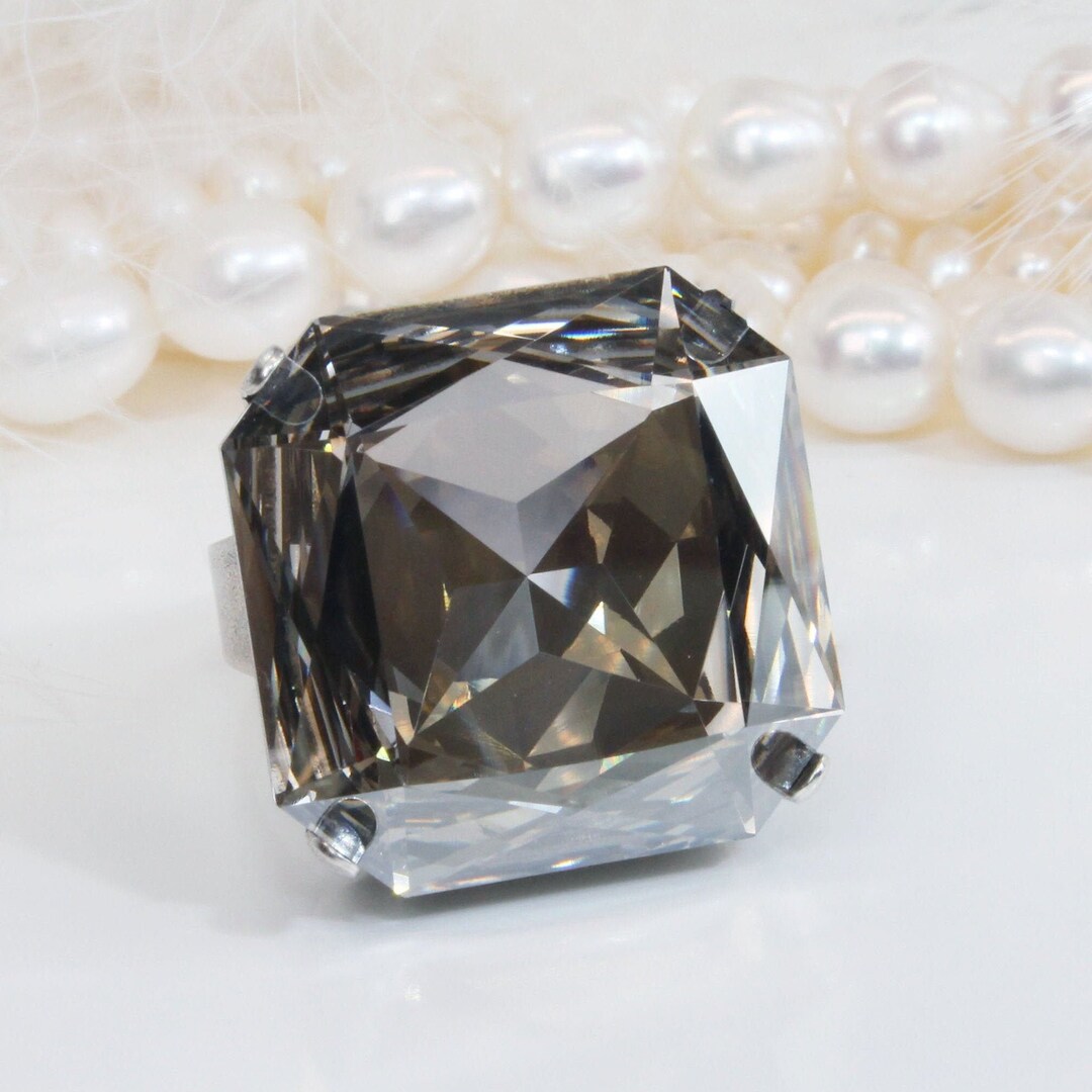 Grey Crystal Ring European Square Adjustable Cocktail Statement Bridal ...