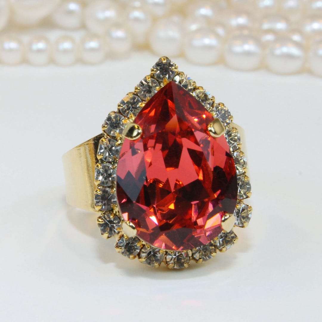 Coral Crystal Ring Watermelon Bridal European Crystal Teardrop ...