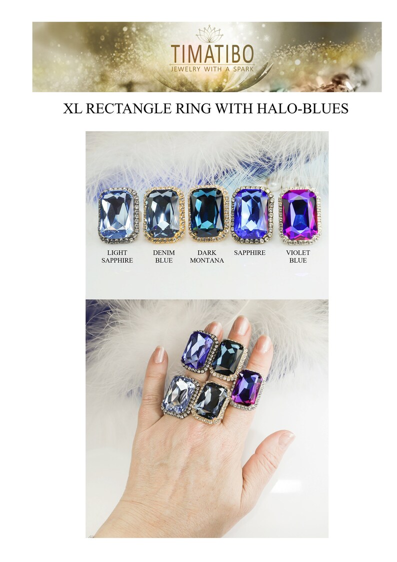 Violet Blue Purple Crystal Ring, Large Adjustable Rectangle Statement ...