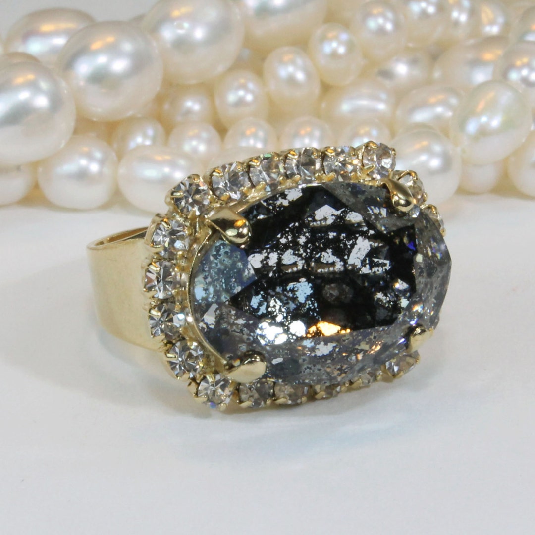 Black Cocktail Ring, Black Gold Crystal Ring, Big Statement Jewelry ...
