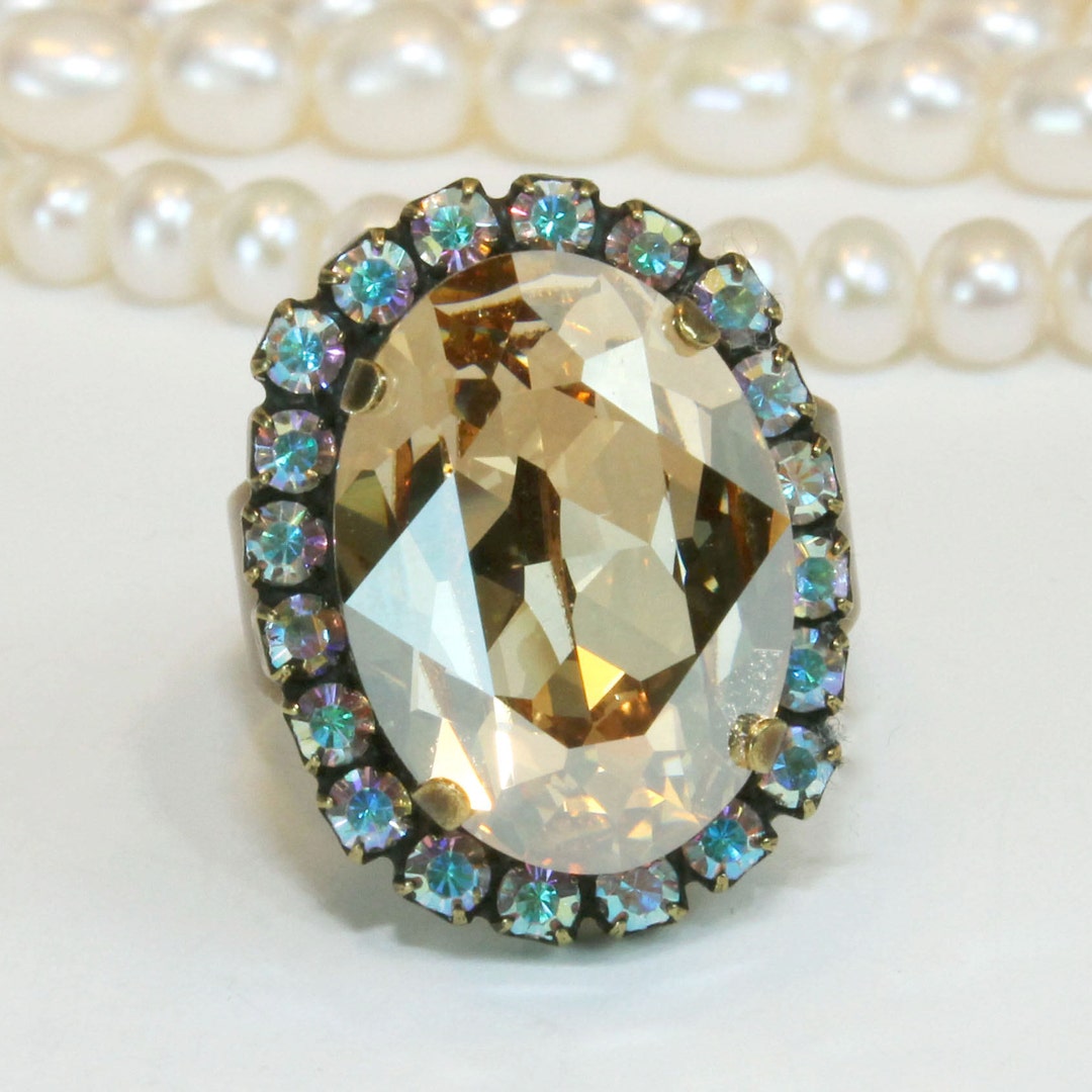 Champagne Brown Ring Adjustable Cocktail European Crystal Ring AB Oval ...