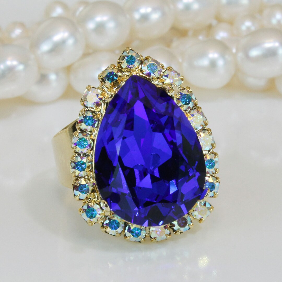 Blue Crystal Ring Royal Blue European Teardrop Bridal Sapphire Blue ...
