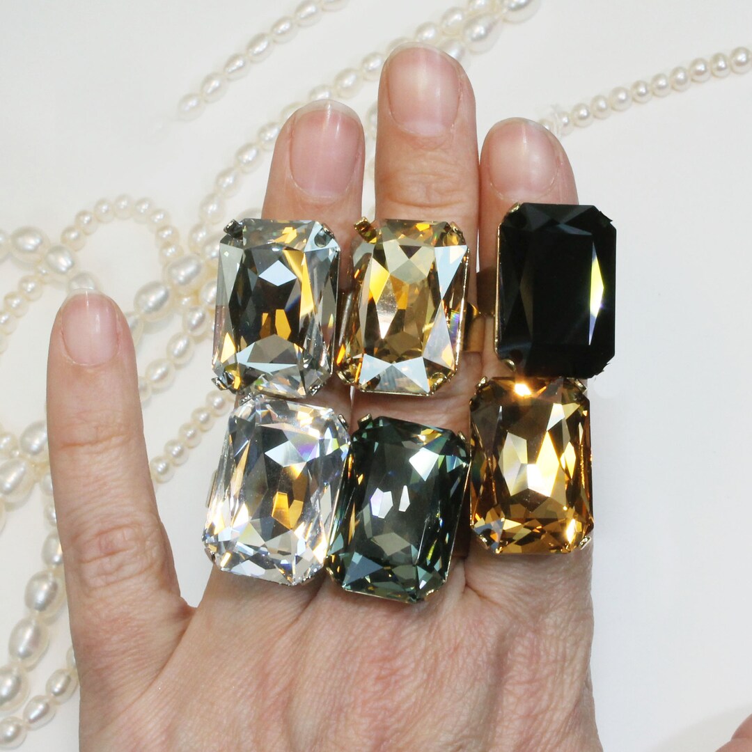 Cocktail Ring for Women, Big Crystal Ring Men, Oversize Rectangle Ring ...