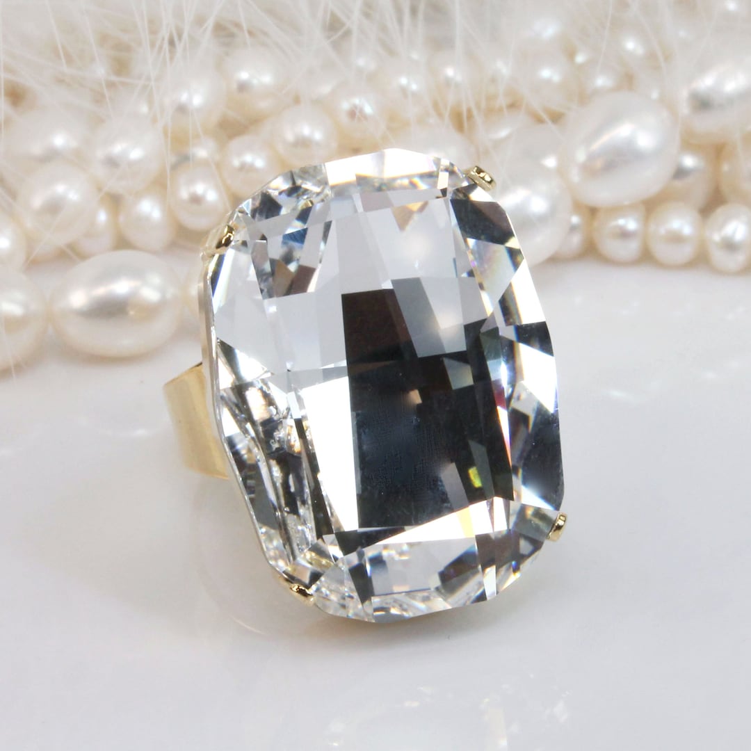 Big Stone Ring, Clear Crystal Ring, White Large Cocktail Ring ...