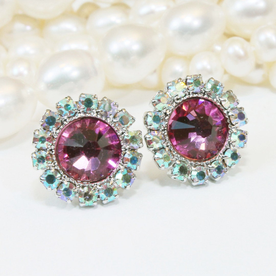 Pink Stud Earrings Rose Pink Studs Crystal AB Post Earrings Halo Flat ...