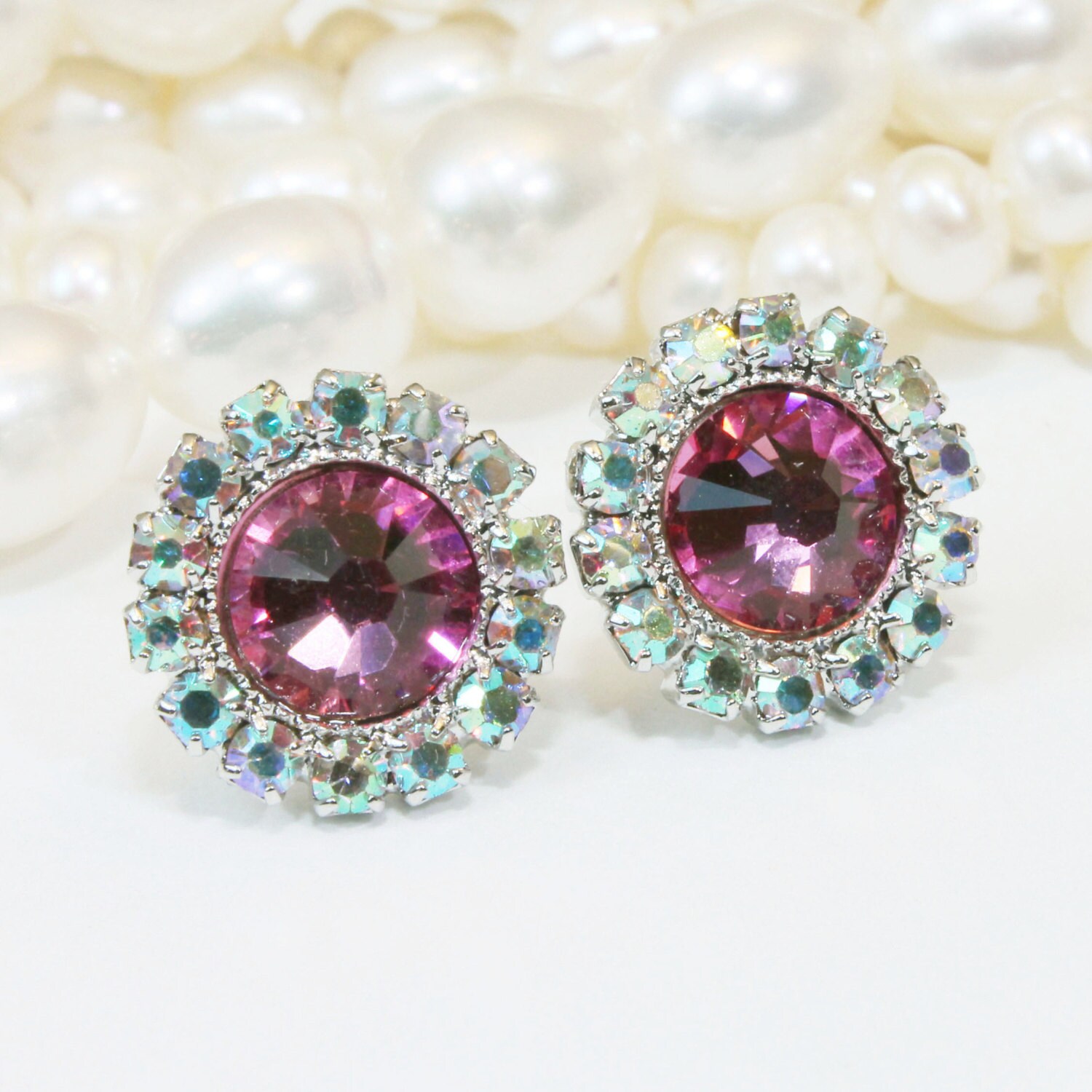 Pink Stud Earrings Rose Pink Studs Crystal AB Post earrings | Etsy