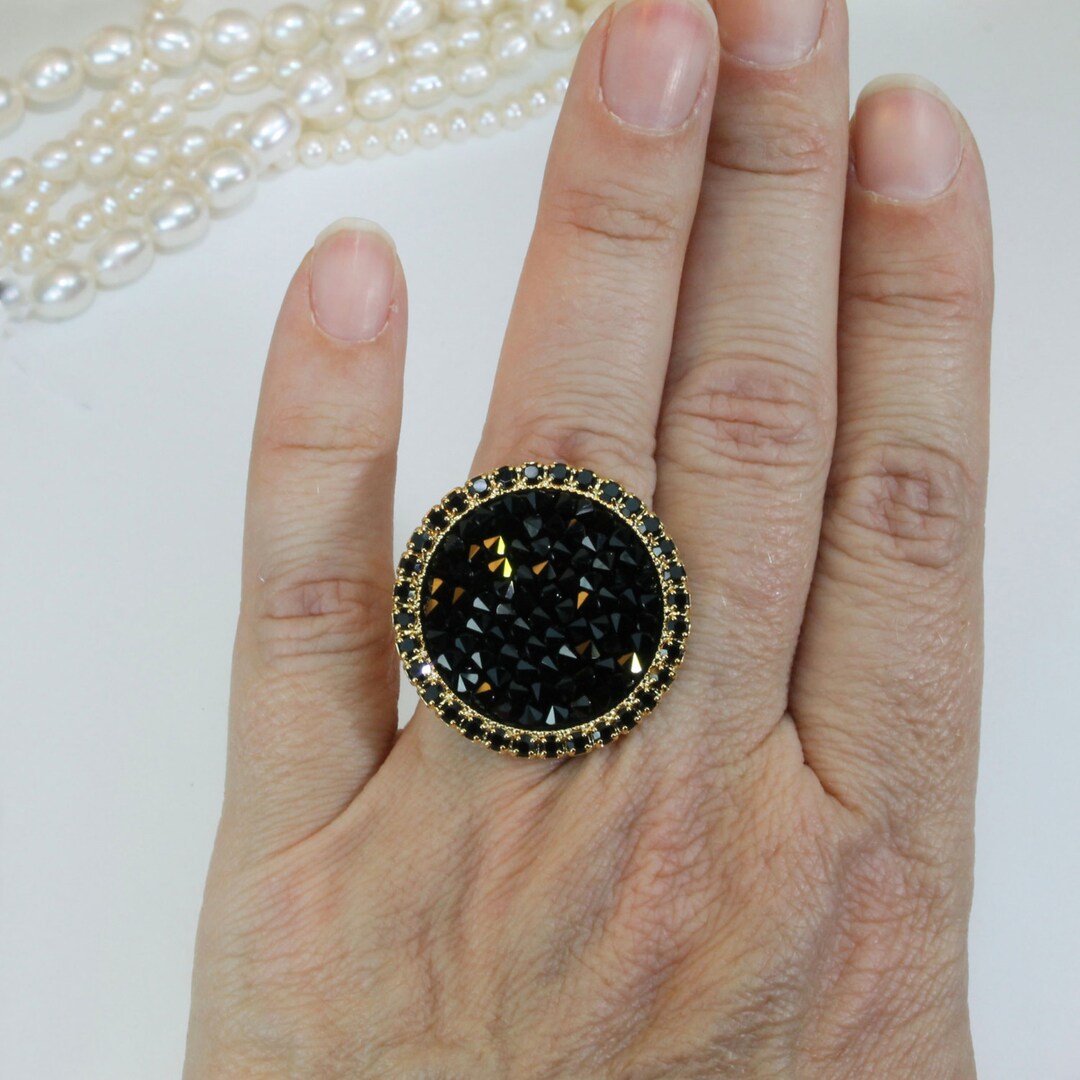 Black Oversize Ring Black Gold Cocktail Adjustable Ring Black European ...
