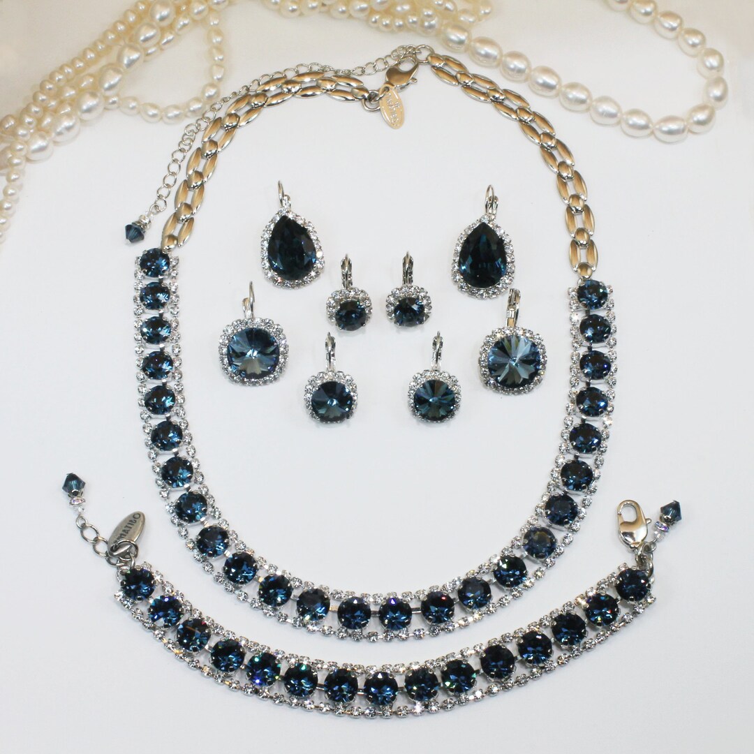 Navy Blue Jewelry Set, Wedding Jewelry, Bride Crystal Necklace, Montana ...