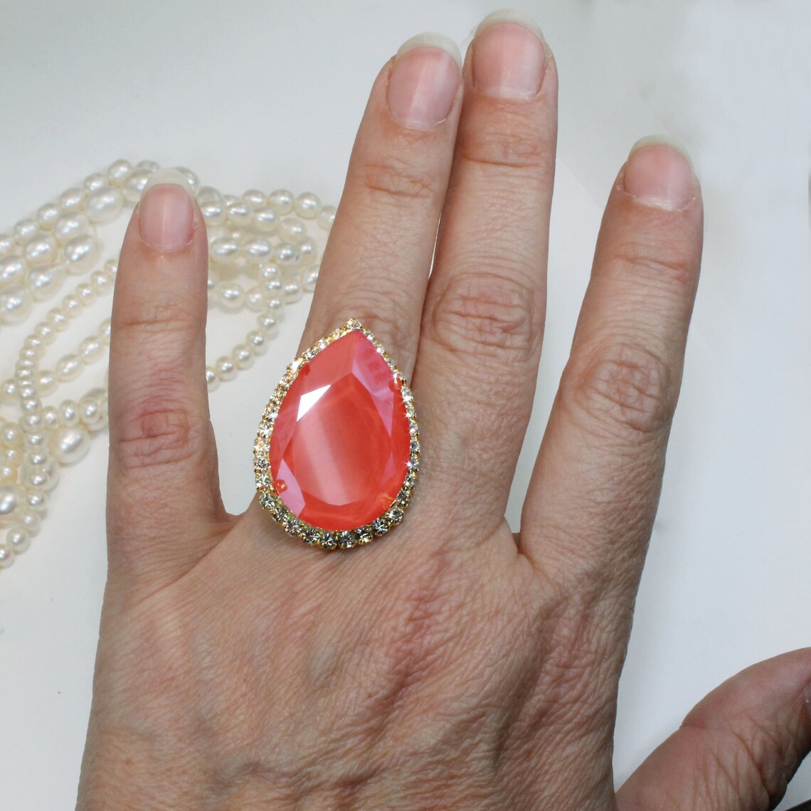 Coral Ring Coral Statement Ring Bridal Crystal European Cocktail ...