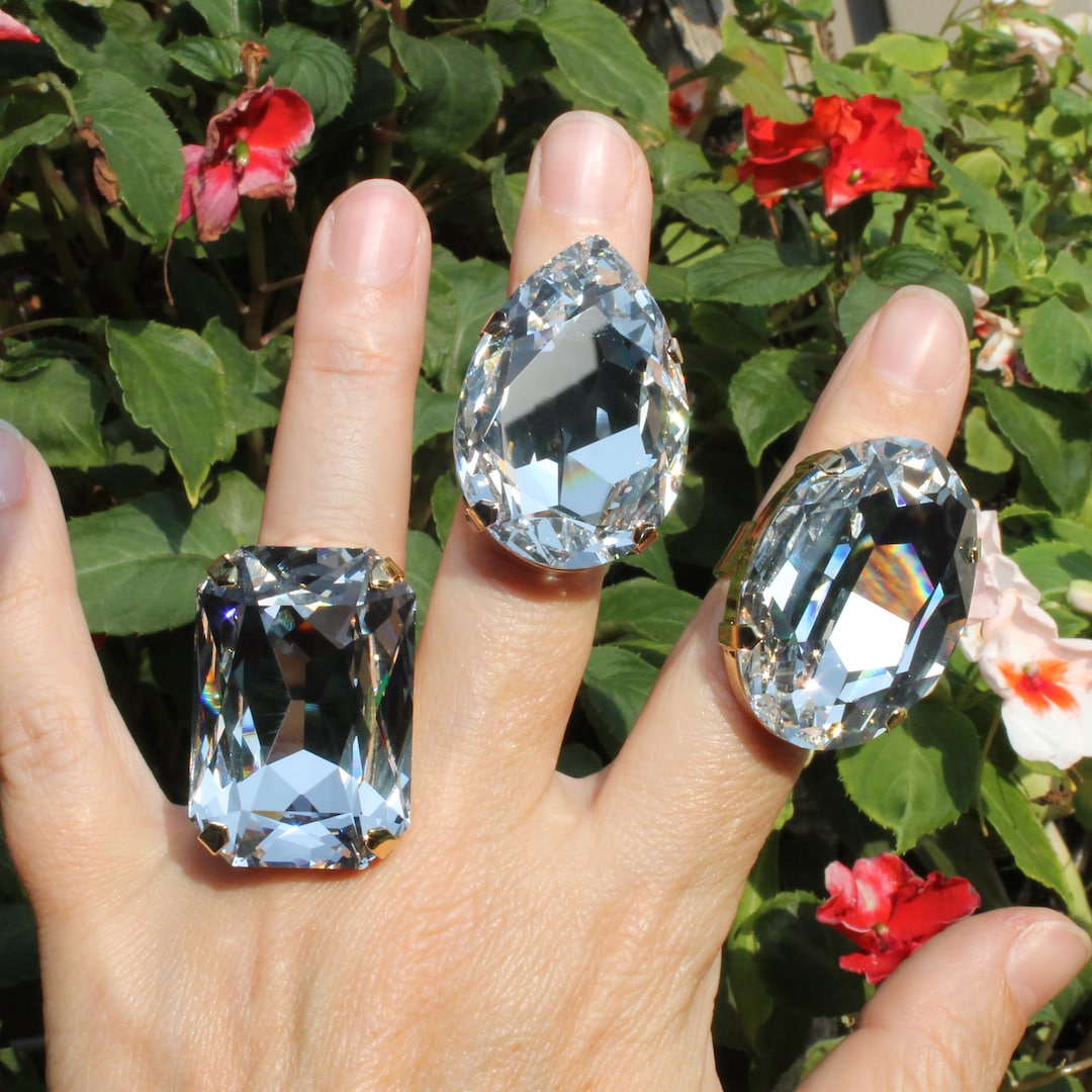 Huge Clear Rhinestone Ring, Large Cocktail Ring, Maximalist Jewelry ...