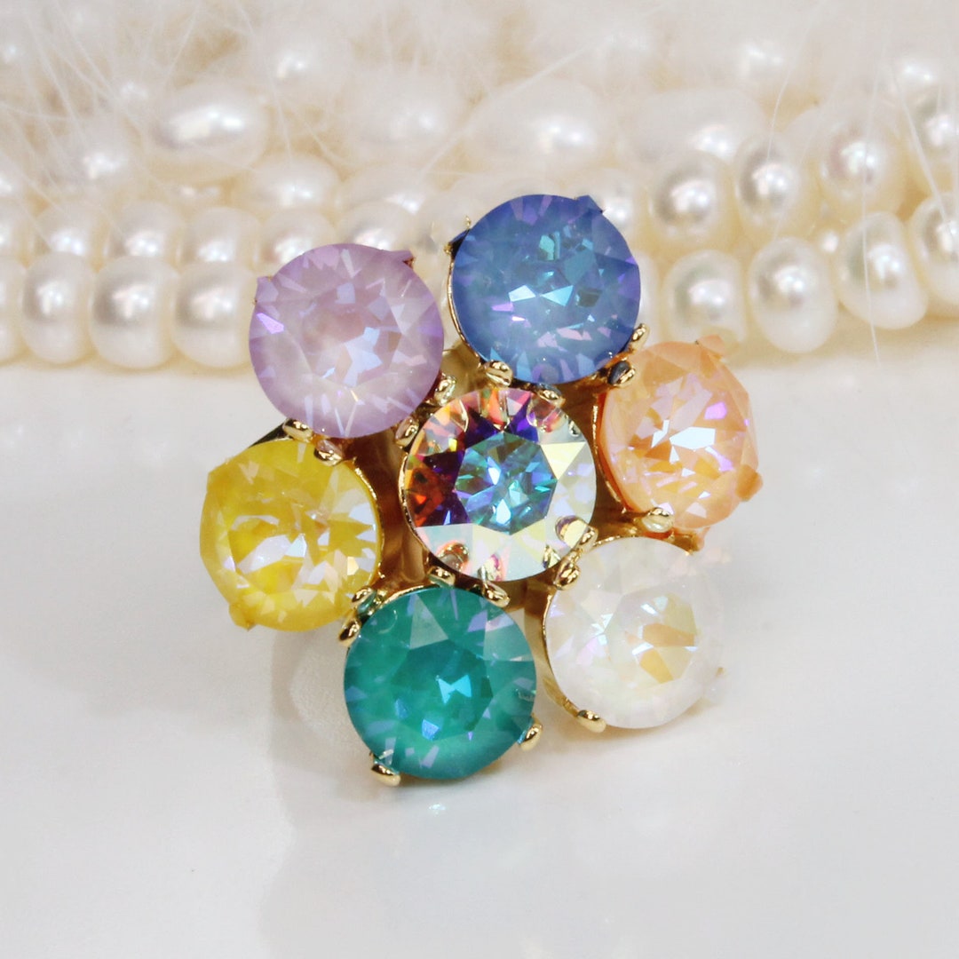 Rainbow Crystal Flower Ring: Adjustable Pastel Statement Jewelry - Etsy