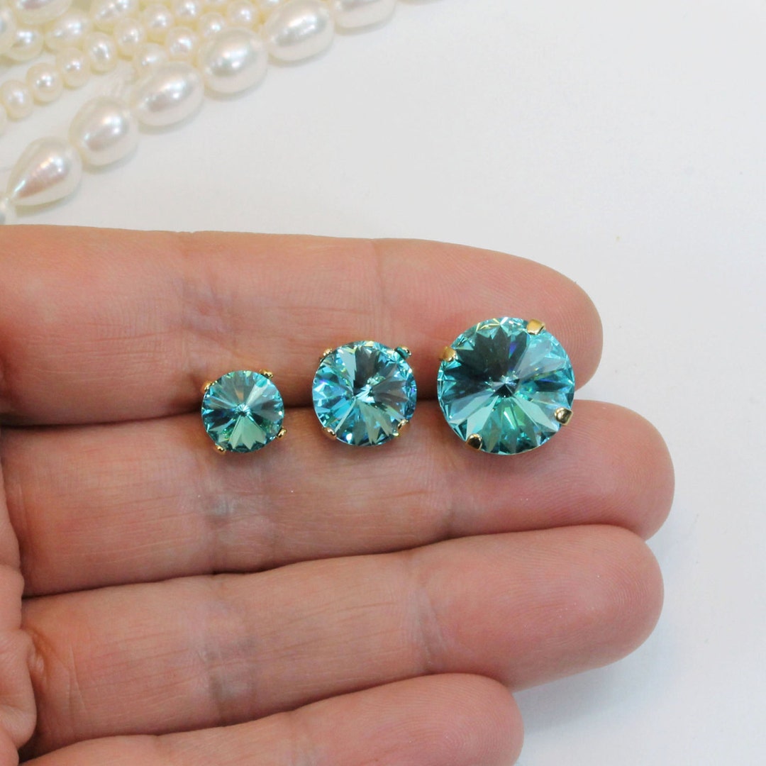 Aqua Blue Crystal Stud Earrings Beach Wedding European Aquamarine Large ...