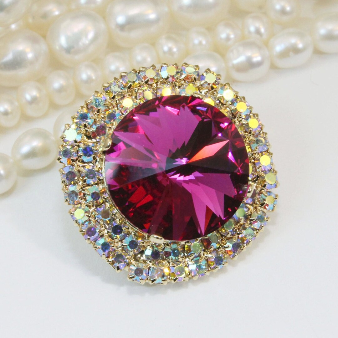 Fuchsia Pink Brooch Pin European Crystal AB 18mm Sparkly - Etsy