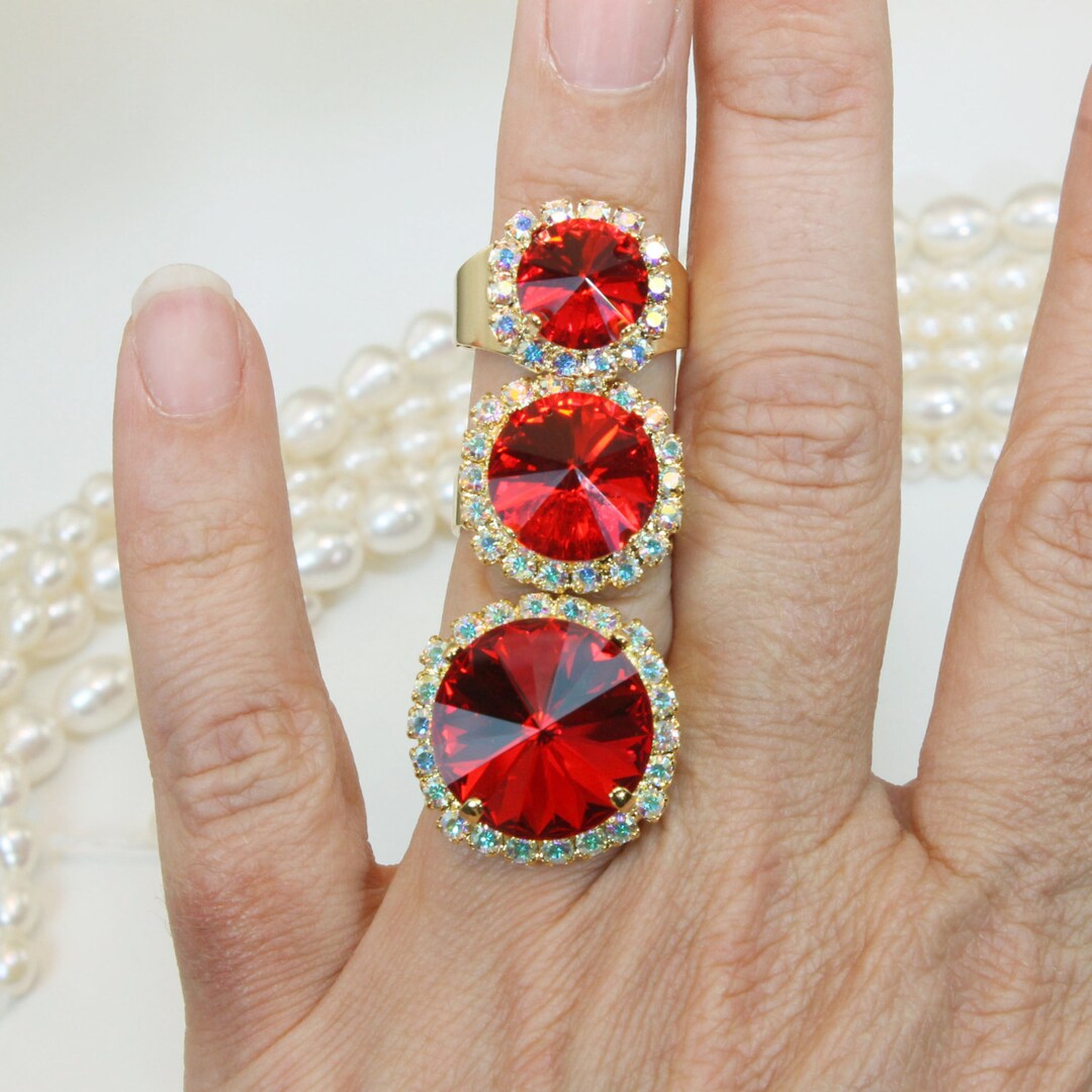 Red Cocktail Ring Red Bridal Crystal Set Red European Christmas Jewelry ...