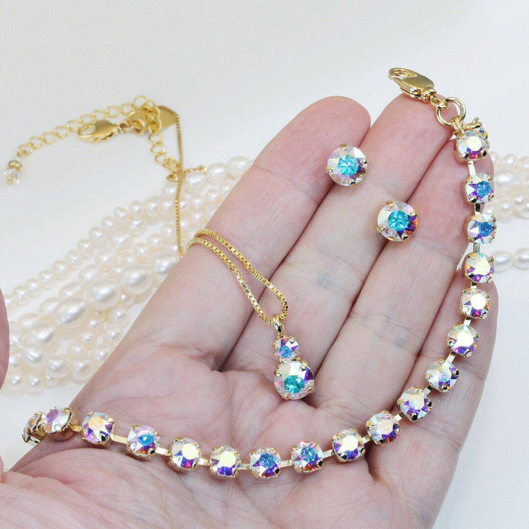 AB Rhinestone Jewelry Set, AB Crystal Necklace, Iridescent Necklace ...