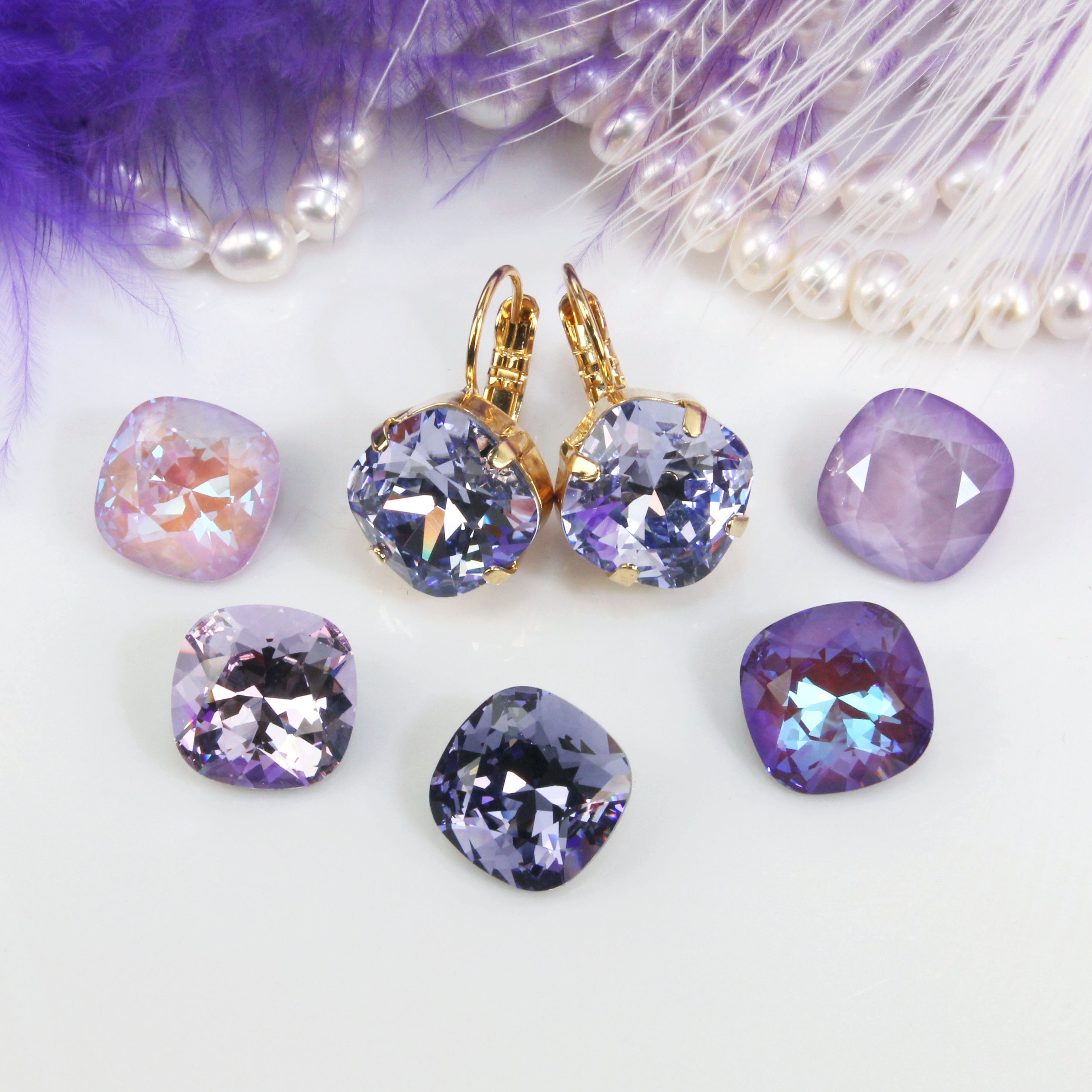 Lavender Crystal Dangle Drop Square Earrings, Purple Wedding Jewelry ...
