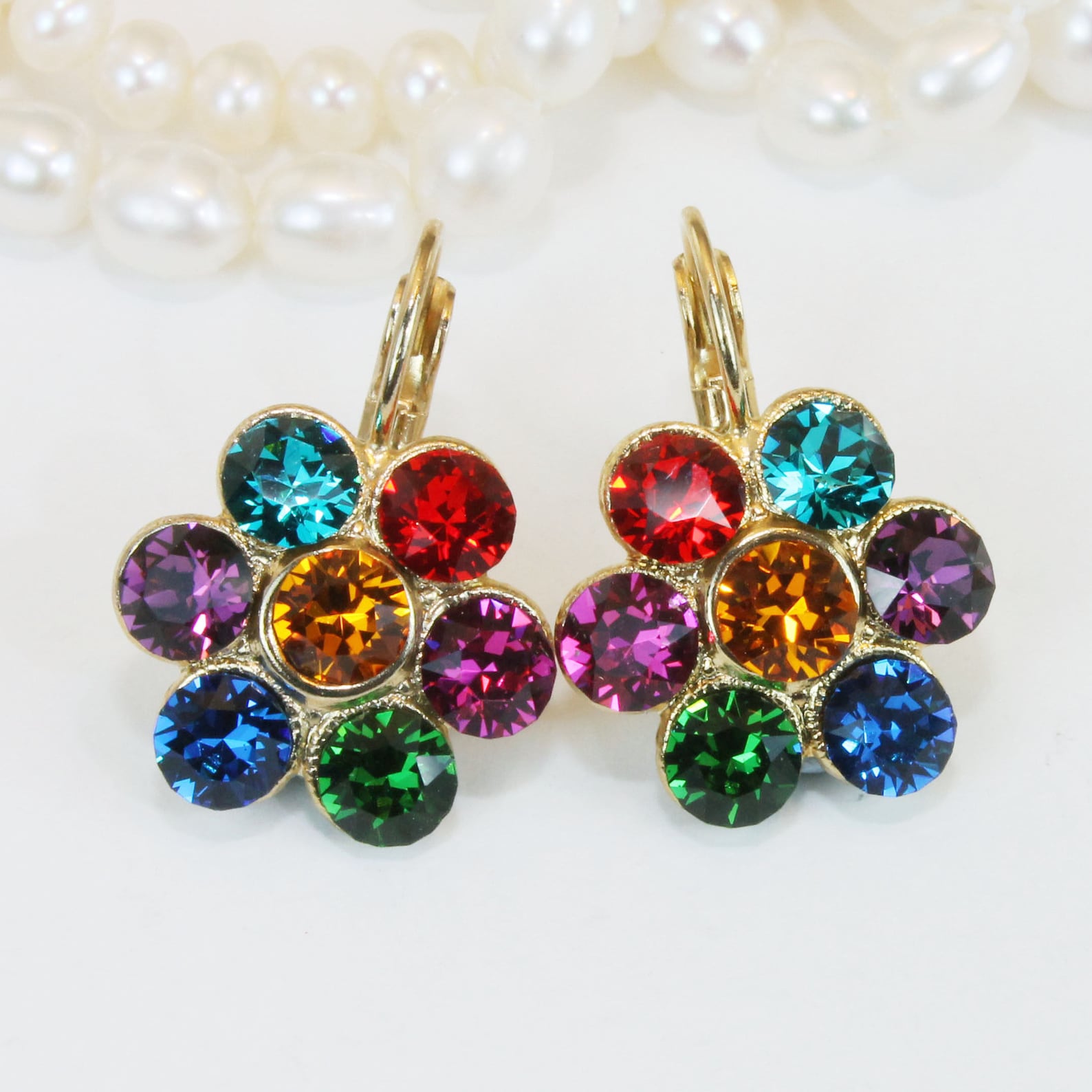 Multicolored Earrings European Crystal Rainbow Drop Dangle Flower ...