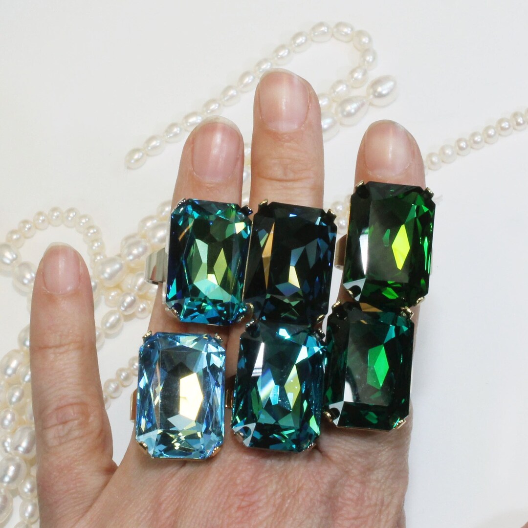 Teal Blue Green Statement Crystal Ring, Large Rectangle Adjustable ...