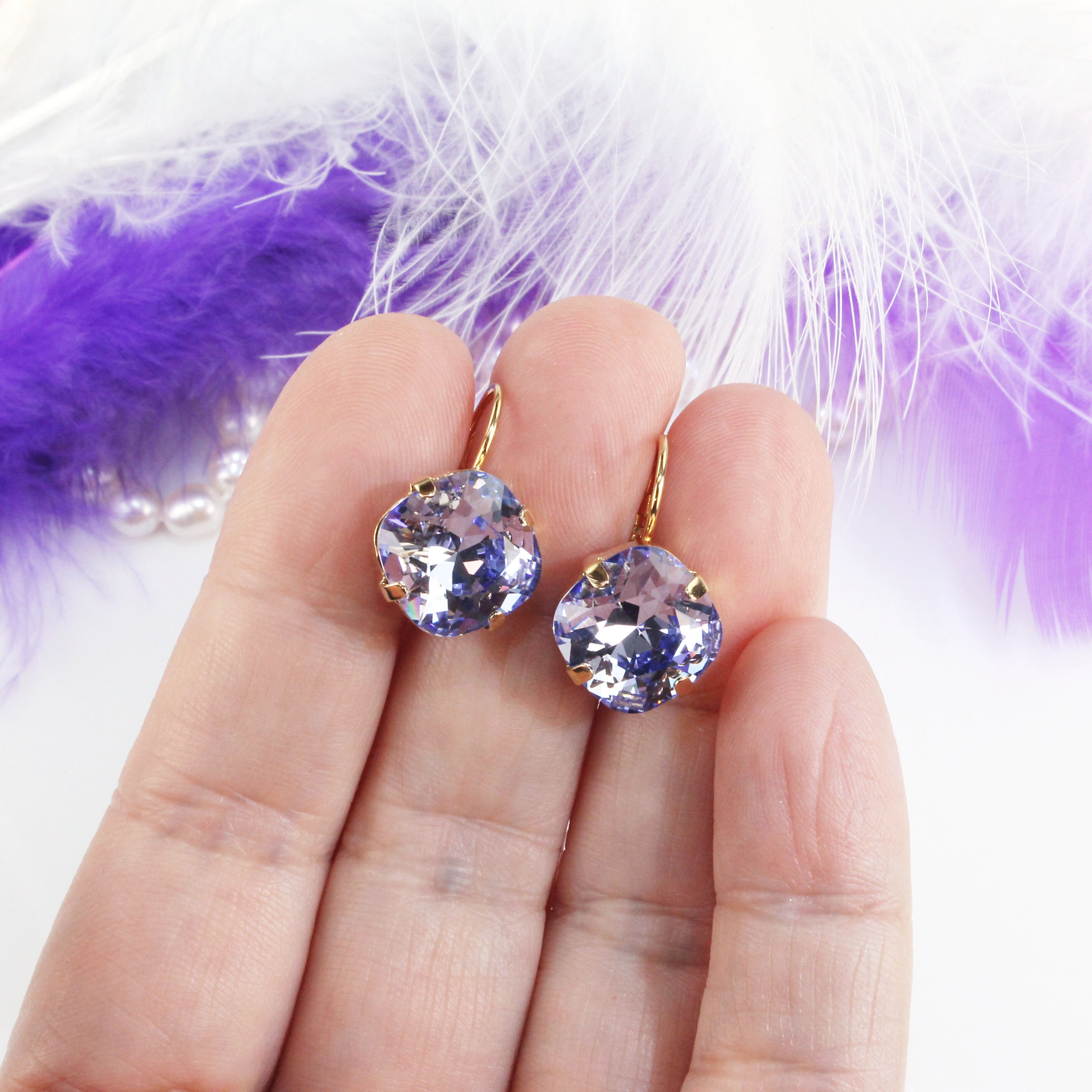 Lavender Crystal Dangle Drop Square Earrings, Purple Wedding Jewelry ...