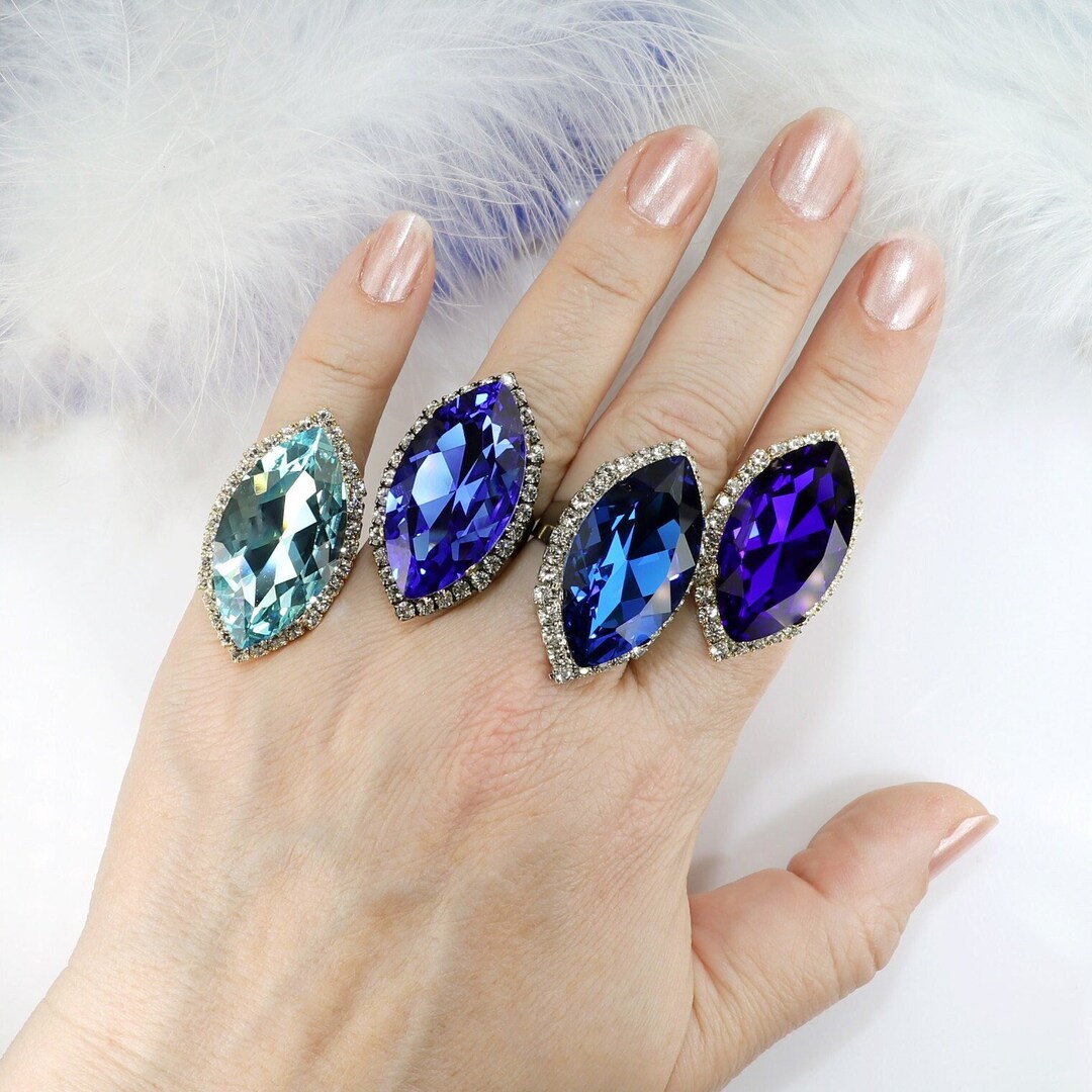 Blue Long Ring, Marquise Cut Crystal, Big Cocktail Ring, Adjustable ...