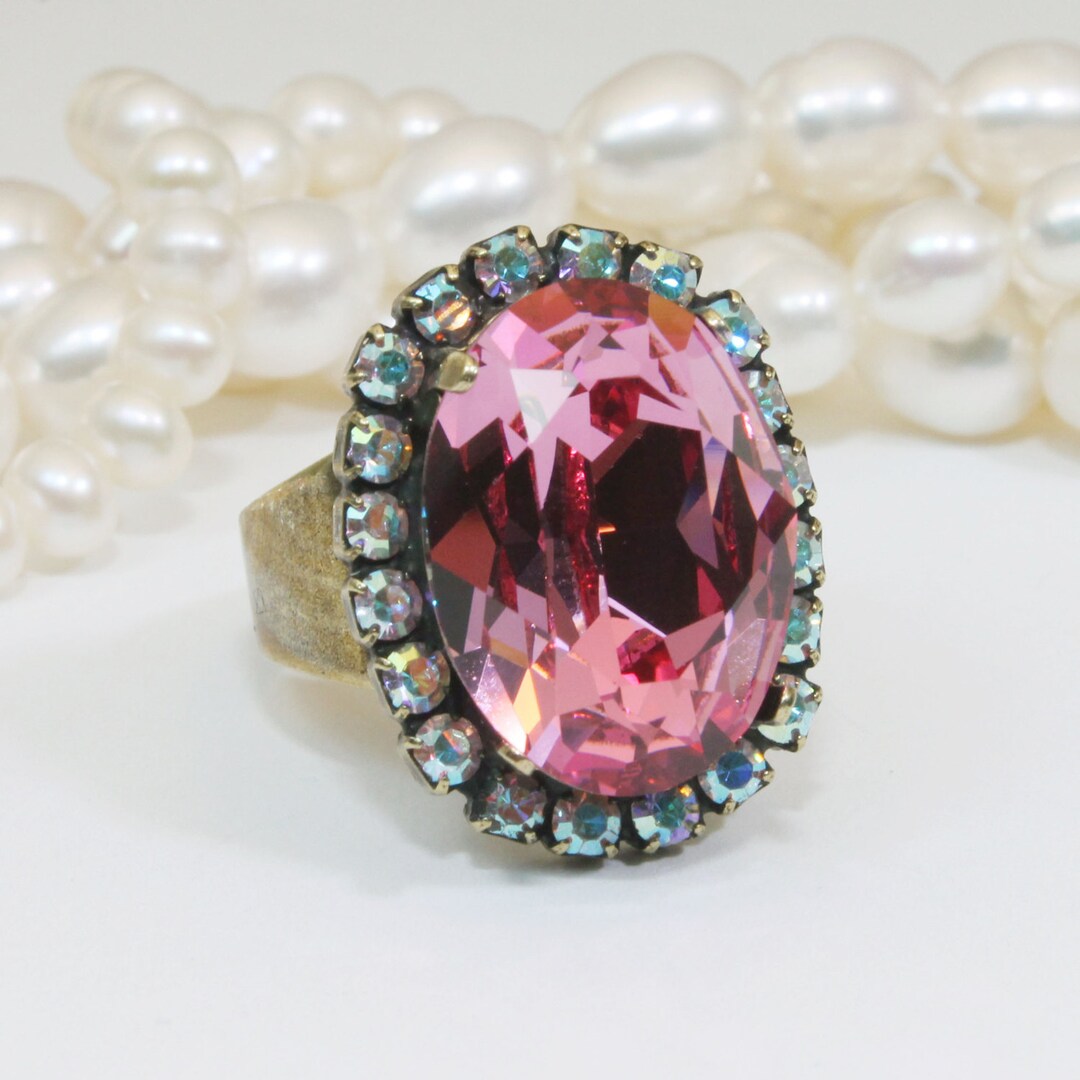 Pink Cocktail Ring Pink European Crystal Ring Pink Adjustable Rose ...