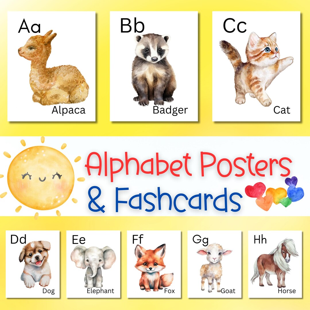 Alphabet Posters and Flashcards of Beautiful Watercolor Animals for ...