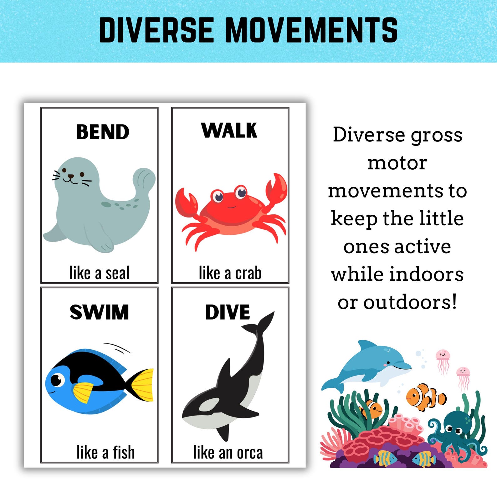 Preschool Ocean Animals Movement Cards, Gross Motor Activity for Kids ...