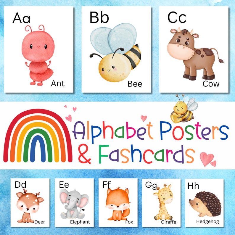 Alphabet Posters and Flashcards of Cute Watercolor Animals for ...