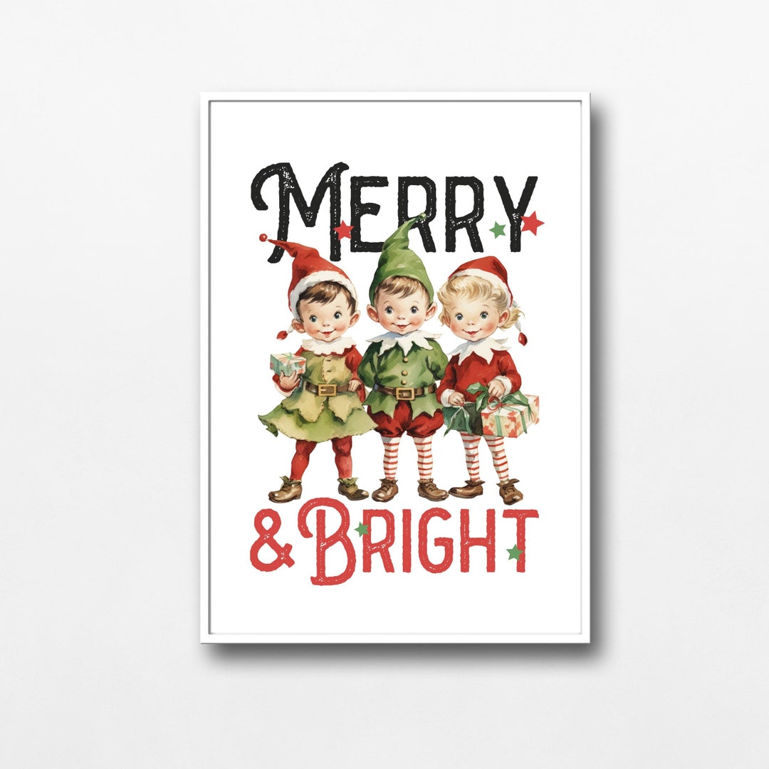 Merry and Bright Christmas Elves Poster, Retro Christmas Elves Decor ...