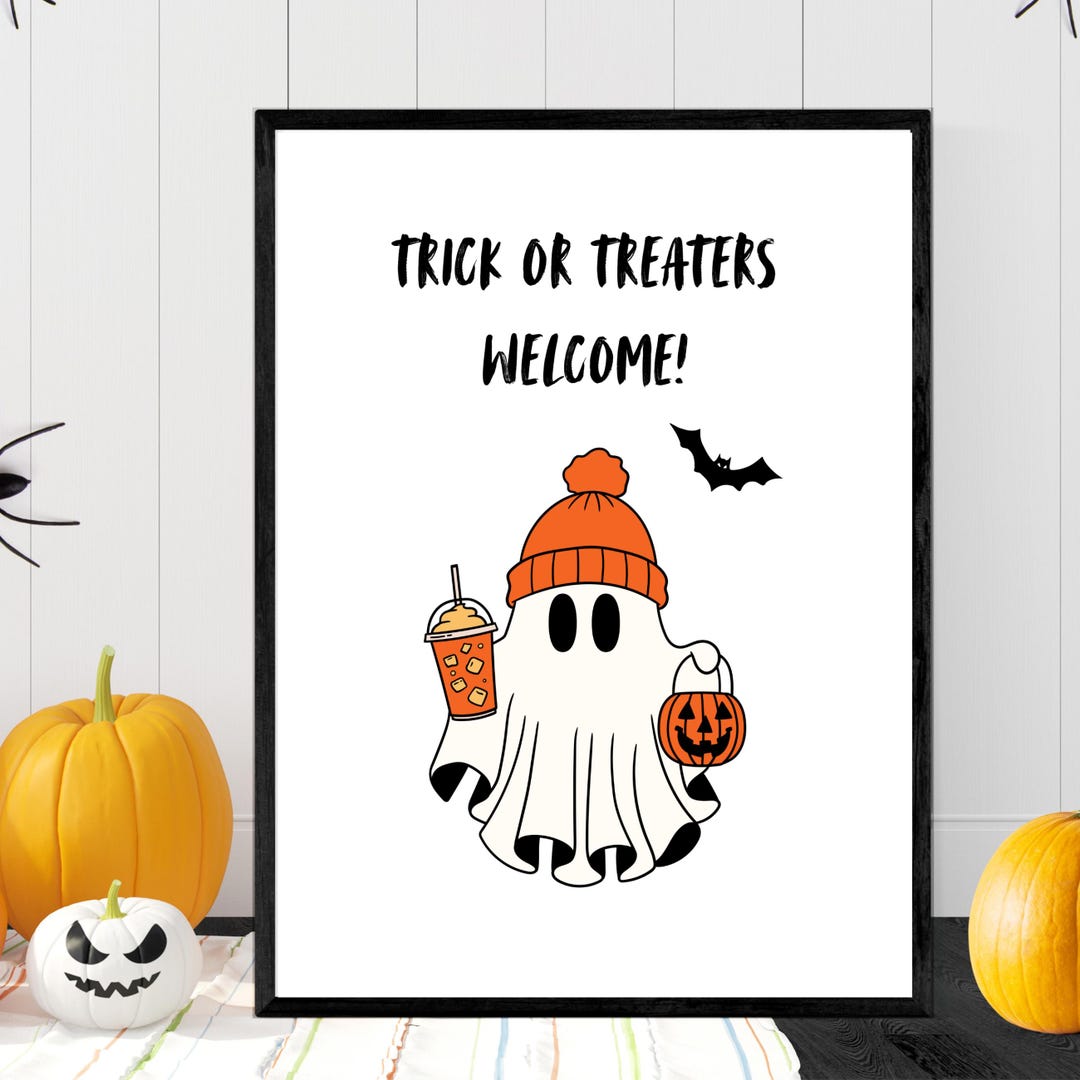 Halloween Trick or Treat Sign, Cute Ghost Door or Porch Decor, Retro ...